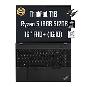 Lenovo ThinkPad T16 16" WUXGA (AMD Ryzen 5 PRO 6650U, 16GB DDR5 RAM, 512GB SSD, 6-Core (Beat i7-1250U)) Business Laptop, FP, Backlit, FHD Webcam, Wi-Fi 6E, 3-Yr WRT, IST Cable, Win 10/11 Pro, Black