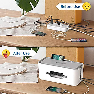 Surge Protector Power Strip with Cable Management Box, 6 Outlets and 2 USB Ports with Switch Control, Flat Plug, 5ft Heavy-Duty Extension Cord, Cord Organizer Box for Home and Office - White