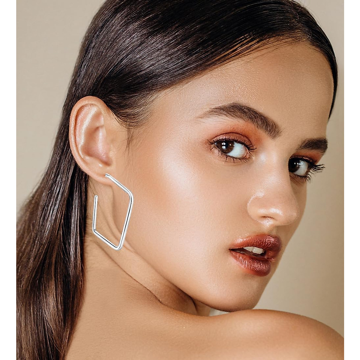 Hoops & Loops 925 Sterling Silver Geo Shape Open Square 46mm Geometric Hoop Earrings for Women Teen Girls, Silver