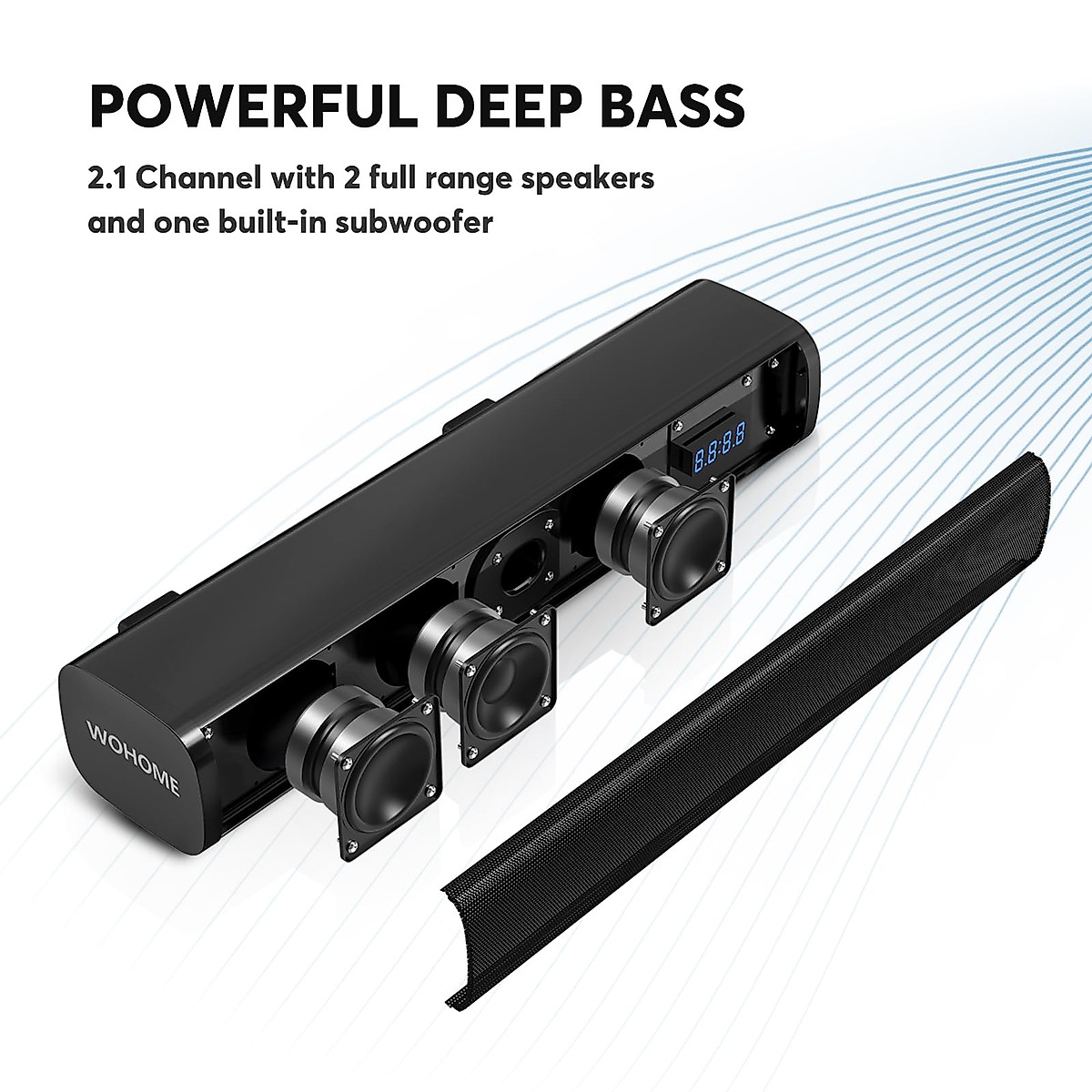 Wohome 2.1 Small Sound Bars for TV, Built-in Subwoofer with 6 Levels Voice Enhancement, 16 Inches Bluetooth 5.3 Soundbar Speakers with Optical/AUX/USB Connection (Renewed)