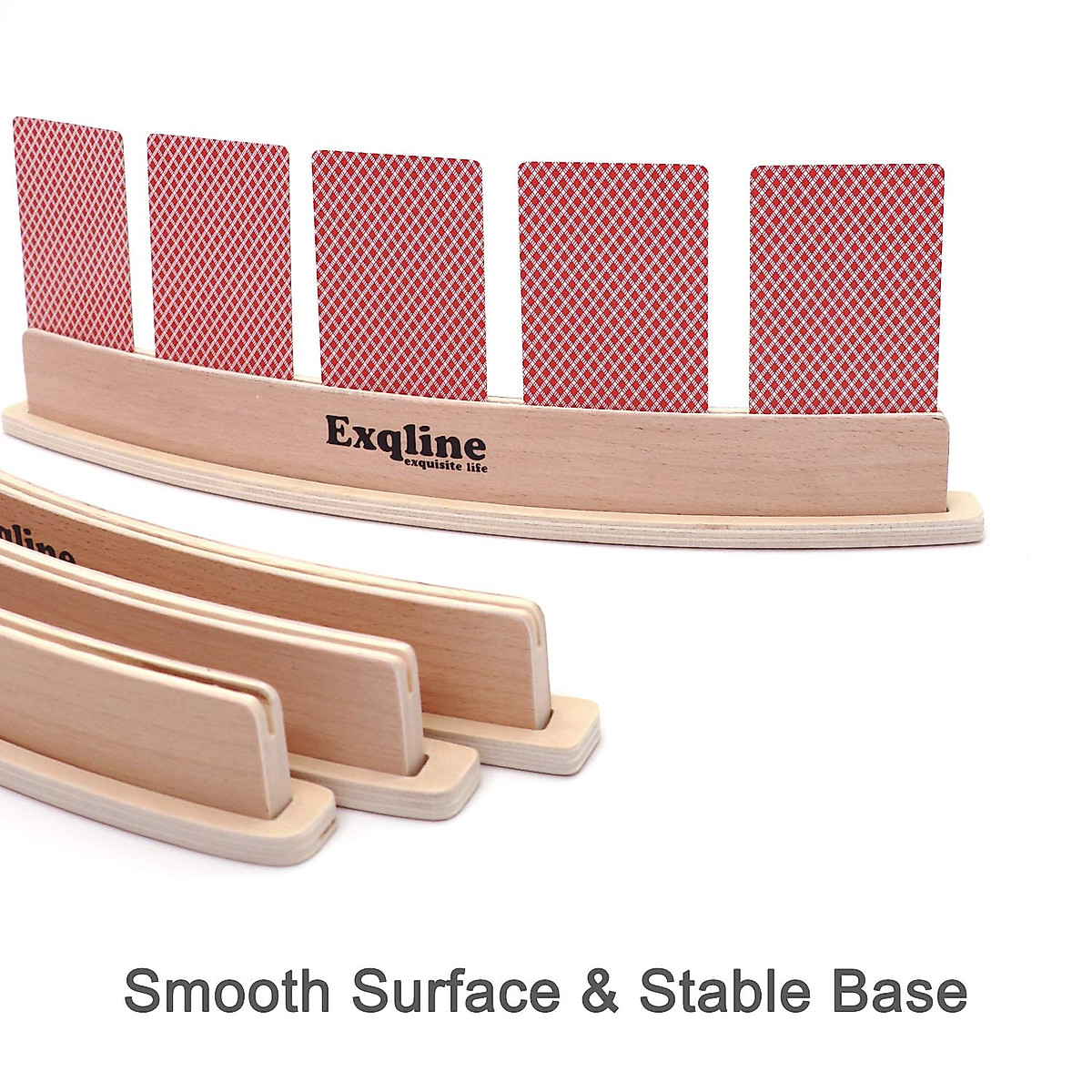 Exqline Wood Curved Playing Card Holder Racks Tray Set of 4 for Kids Seniors Adults - 13.4inch with Widen Base Stable Enough for for Bridge Canasta Foot and Hand
