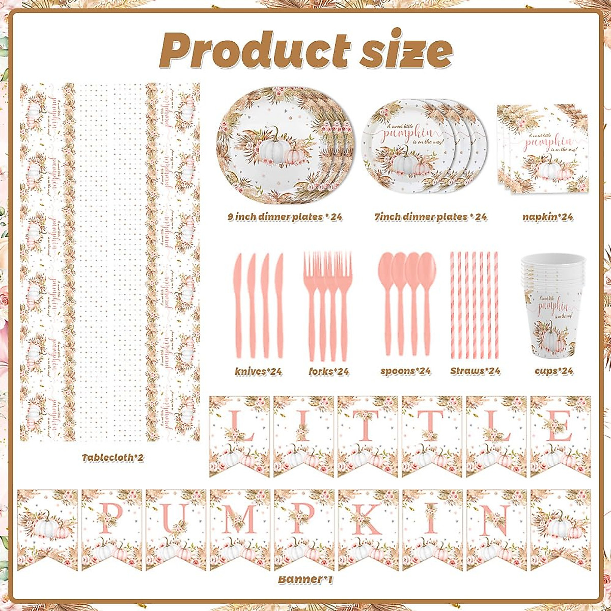 MEHOFOND Boho Fall Pumpkin Baby Shower Decorations Bohemia Floral Little Pumpkin Party Supplies Disposable Tableware Set 195 Pcs Plates Napkins Banners Plastic Tablecloth for Baby Shower Kids Party
