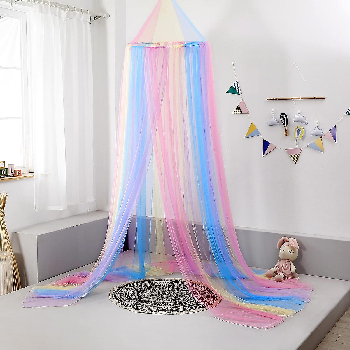 Rainbow Bed Canopy with Lights - Girls Room Bed Netting for Twin, Single, Full, Queen Size Beds - Reading Corners Room Decor