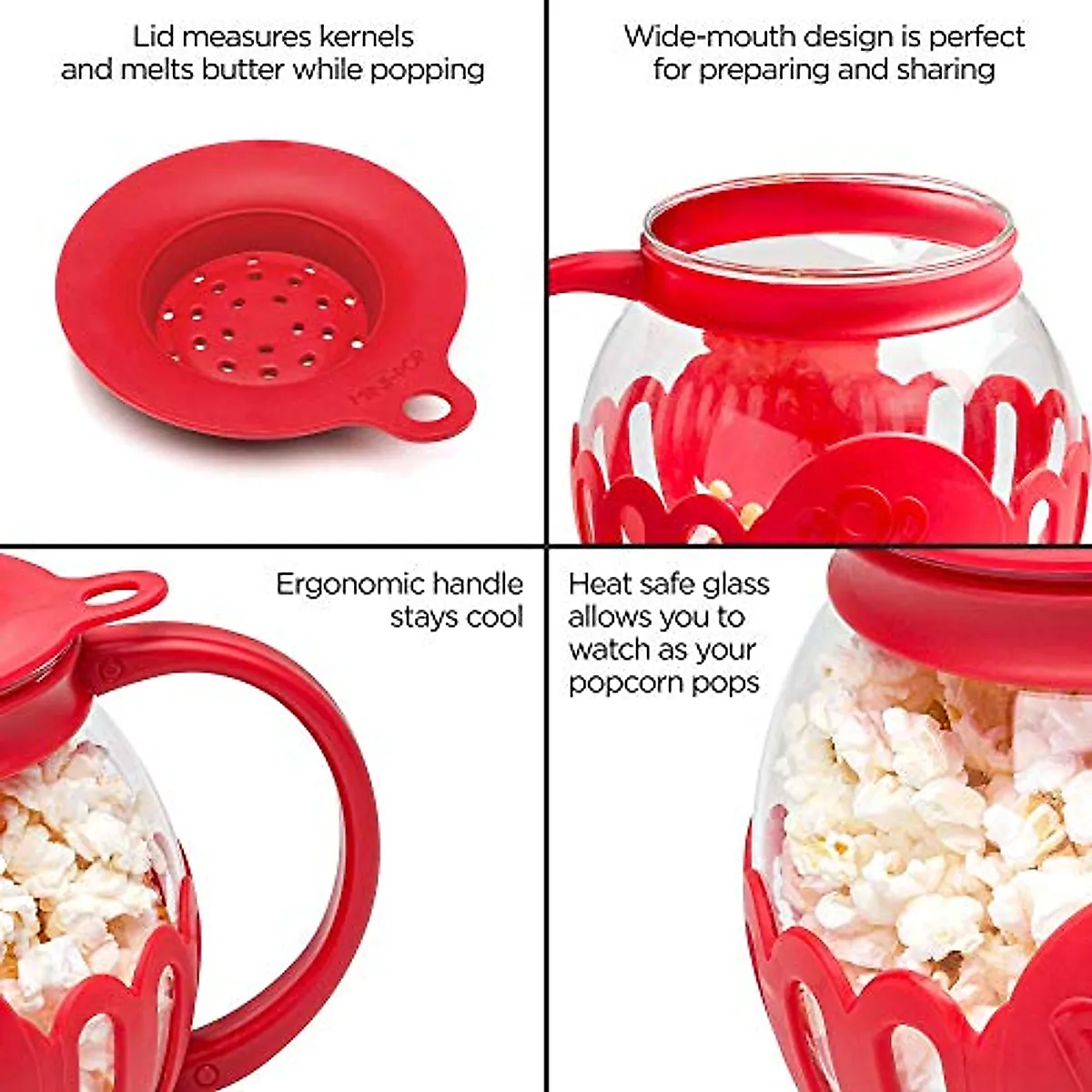 Ecolution Patented Micro-Pop Microwave Popcorn Popper with Temperature Safe Glass, 3-in-1 Lid Measures Kernels and Melts Butter, Made Without BPA, Dishwasher Safe, 1.5-Quart, Red
