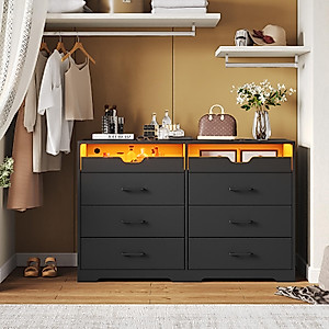 Hasuit 6 Drawers Dresser with LED Lights for Bedroom, Modern Double Dresser with 2 Pull-Out Trays, Black Chest of Drawers Bedroom Storage Organizer, Dimensions 15.6" D x 42.6" W x 30.1" H