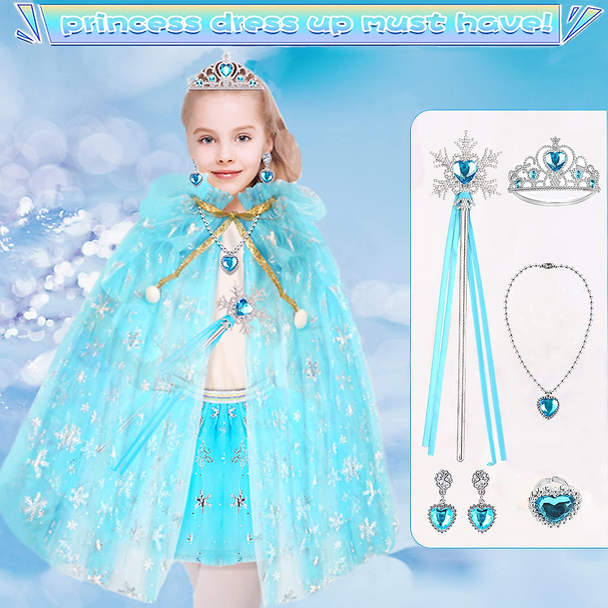 BesJonie Princess Dresses for Girls,Princess Dress Up Clothes Cape Skirt Toys for 3 4 5 6 Year Old Girl Birthday Gift Ideas (Blue Snowflake)