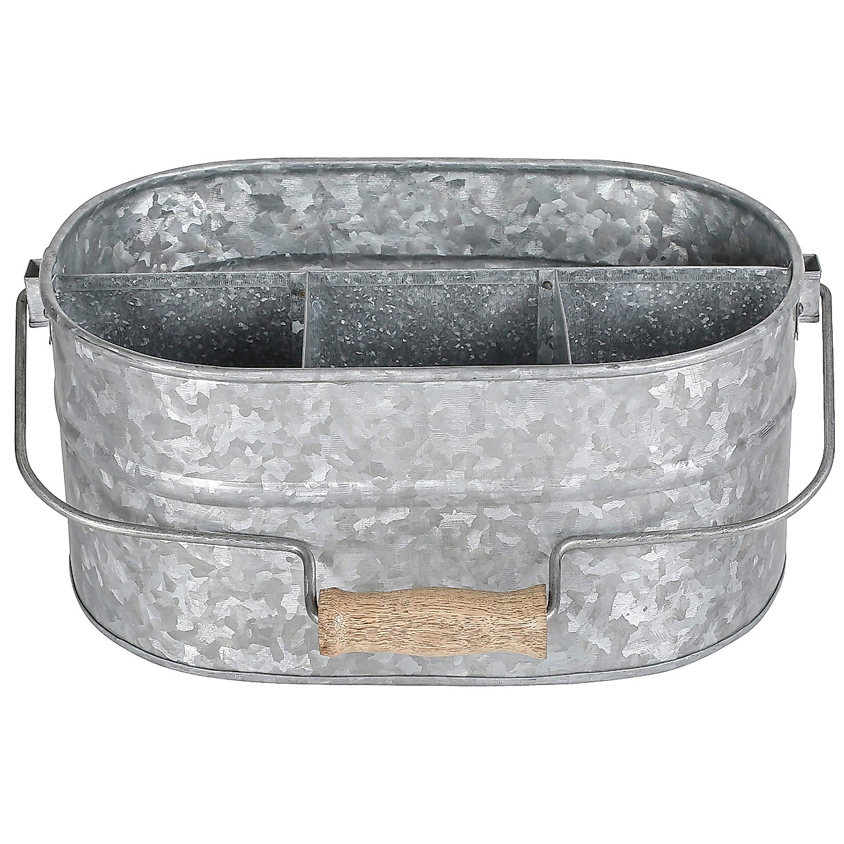 Farmhouse Utensil Caddy Carry-All and Silverware Holder, Galvanized Metal Organizer with Sturdy Dividers,for Flatware, Condiments, Party Cutlery, Arts and Crafts Supplies 12x 8x5 Inch-Antique Natural