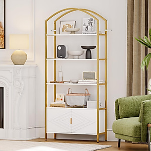 ONBRILL 5 Tier Bookshelf, 71 Inch Tall Arched Metal Bookcase with Storage Cabinet, Modern Industrial Organizer Bookshelves, Display Rack for Bedroom Living Room Home Office, Easy Assembly, Gold