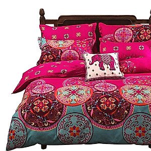 Vaulia Boho Bedding Lightweight Microfiber Duvet Cover Set, Bohemia Exotic Patterns Design, Bright Pink - King Size 3-Piece Set (1 Duvet Cover 2 Pillow Shams)