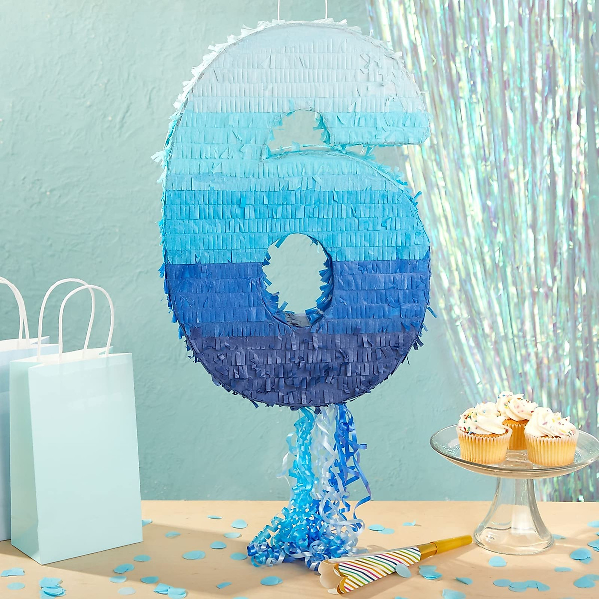BLUE PANDA Number 6 Pinata - Pull String Pinata for Boys 6th Birthday Party Decorations, Ombre Blue (16.5 x 11.3 x 3 In)