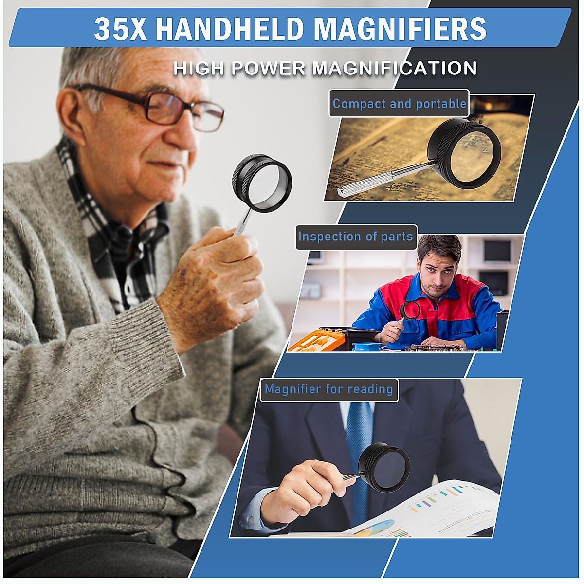 35X Handheld Magnifying Glass, High Clarity Reading Magnifier Portable Loupe for Macular Degeneration, Seniors Reading, Soldering, Inspection, Coins, Jewelry, Exploring （Diameter:50mm/1.97"）