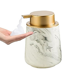 YYW Ceremic Bathroom Accessory Set, 4 Pieces Complete Bath Decor Kit with Imitation Marble Pattern, Foaming Soap Dispenser, Toothbrush Holder, Tumbler and Soap Dish (Grey - 4 Piece Set)