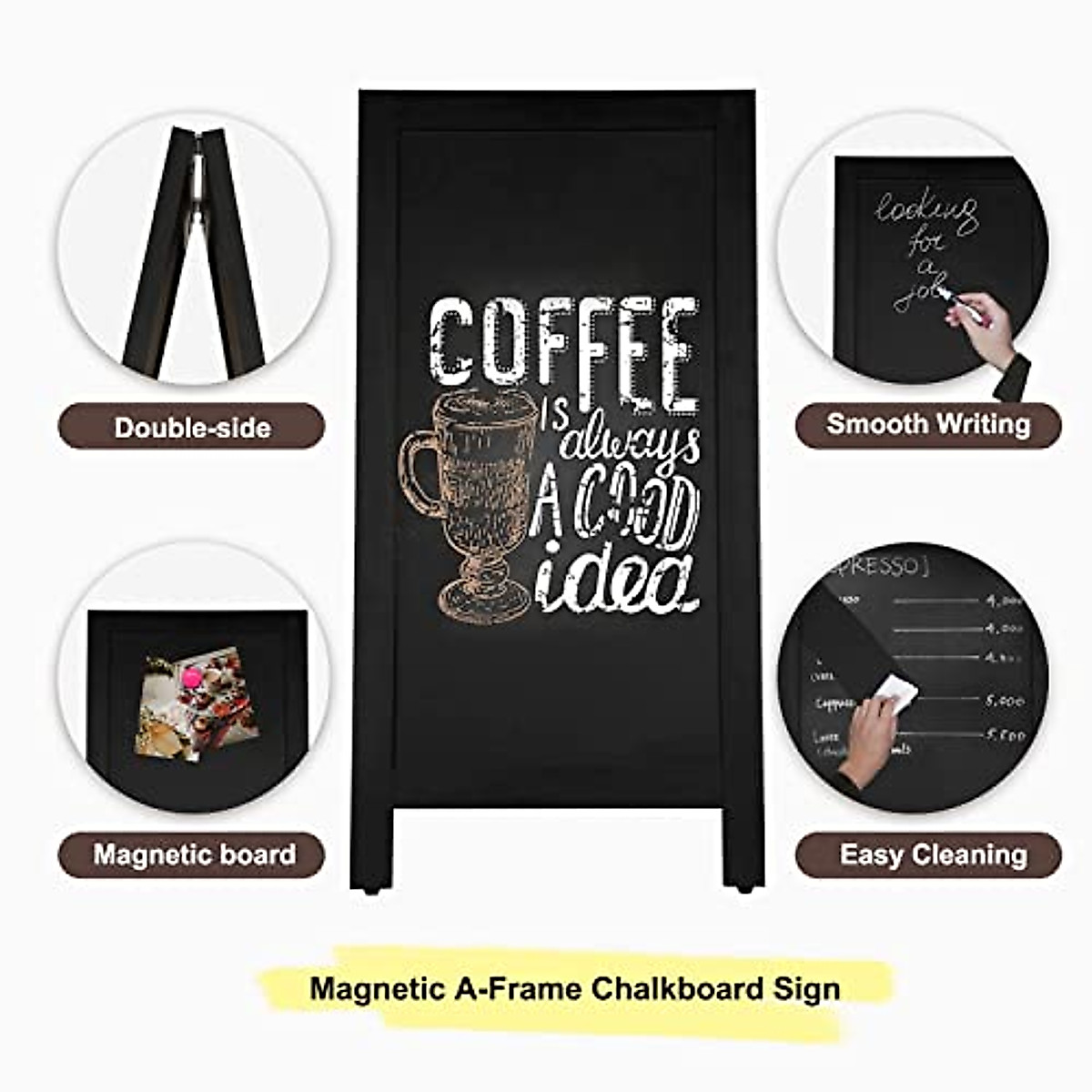 4 THOUGHT A-Frame Magnetic Sidewalk Chalkboard Sign 40" x 20", Classic Wooden Freestanding Sidewalk Sign, Double-Sided Sign Board for Restaurant Shop Wedding Party, Black