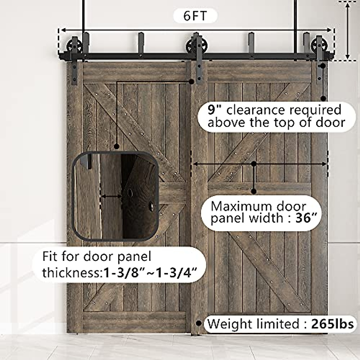 skysen 6FT Low Ceiling Heavy Duty Sliding Barn Door Hardware Double Track Bypass Double Door Kit Black(Bypass Spoke Wheel-2)