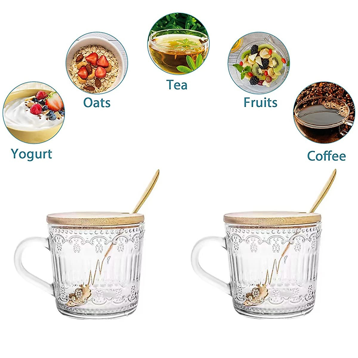 DONYU 2 Pack 14.5 oz Glass Coffee Mug with Lid,Premium Drinking Glasses Tumblers, Vintage Glassware Set for coffee, Juice, Beverages (Clear)