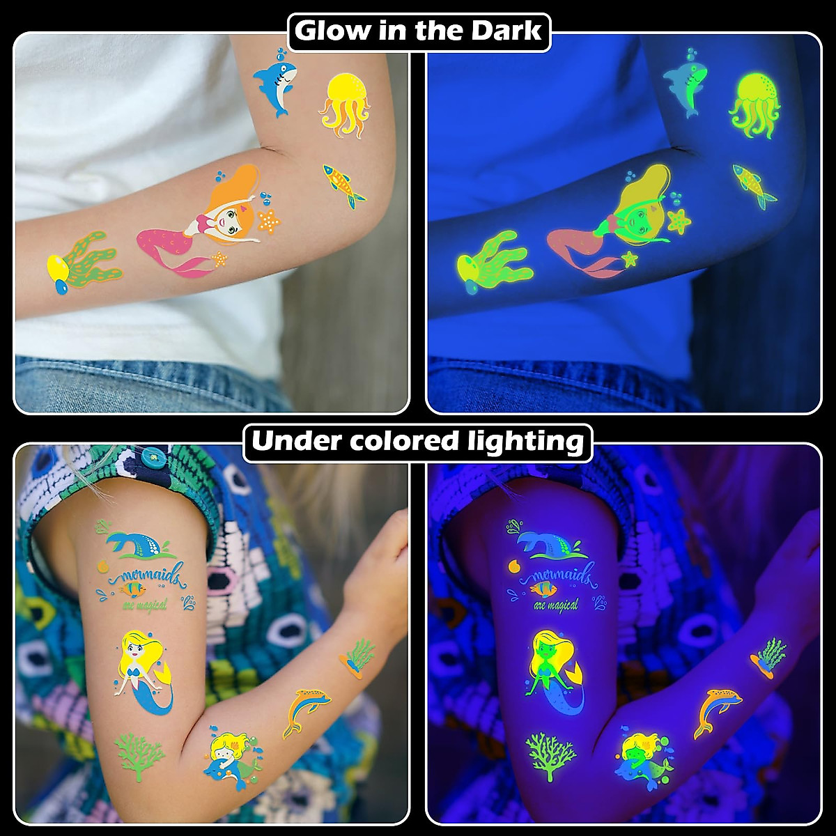 Mermaid Glow in the Dark Tattoos for Kids, 300+ Designs UV Neon Fake Temporary Tattoo, Ocean Creatures & Animal, Latest 6 Luminous Colors Stickers Party Supplies