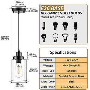 WimiSom Industrial Pendant Lighting, Modern Clear Glass Shade Farmhouse Adjustable Hanging Light Fixtures for Kitchen Island Living Room Bedroom Hallway, 3-Pack