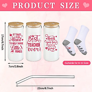 Tanlade 6 Pcs Teacher Appreciation Gifts Set Include Teacher Glass Cup with Lid and Glass Straw Teacher Tumbler Teacher Appreciate Socks Teacher Gifts Cool for Women Men Holiday Graduation Birthday