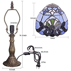 RHLAMPS Small Tiffany Lamp Mini Accent Table Lamp Blue Stained Glass Baroque Style Desk Memory Lamp Sympathy 6X14.6 Inch