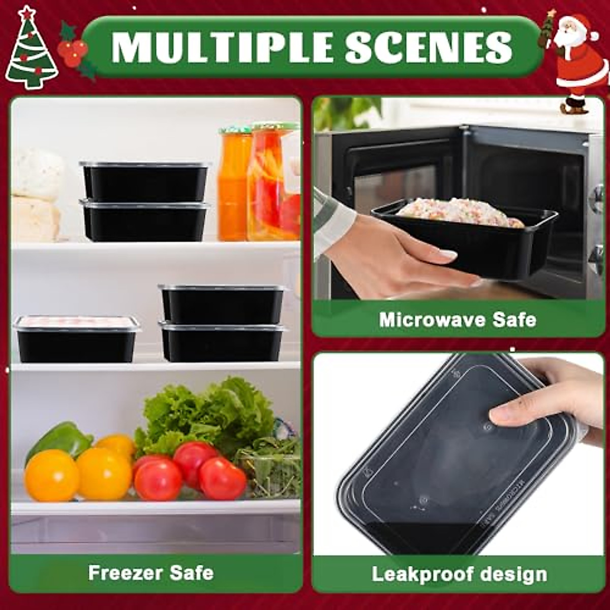 50 Pack Christmas Food Prep Containers with Lids 25 oz Meal Packaging Containers Plastic Christmas Cookie Boxes Reusable for Holiday Goodie Container or Exchange Gift Giving 10 Designs