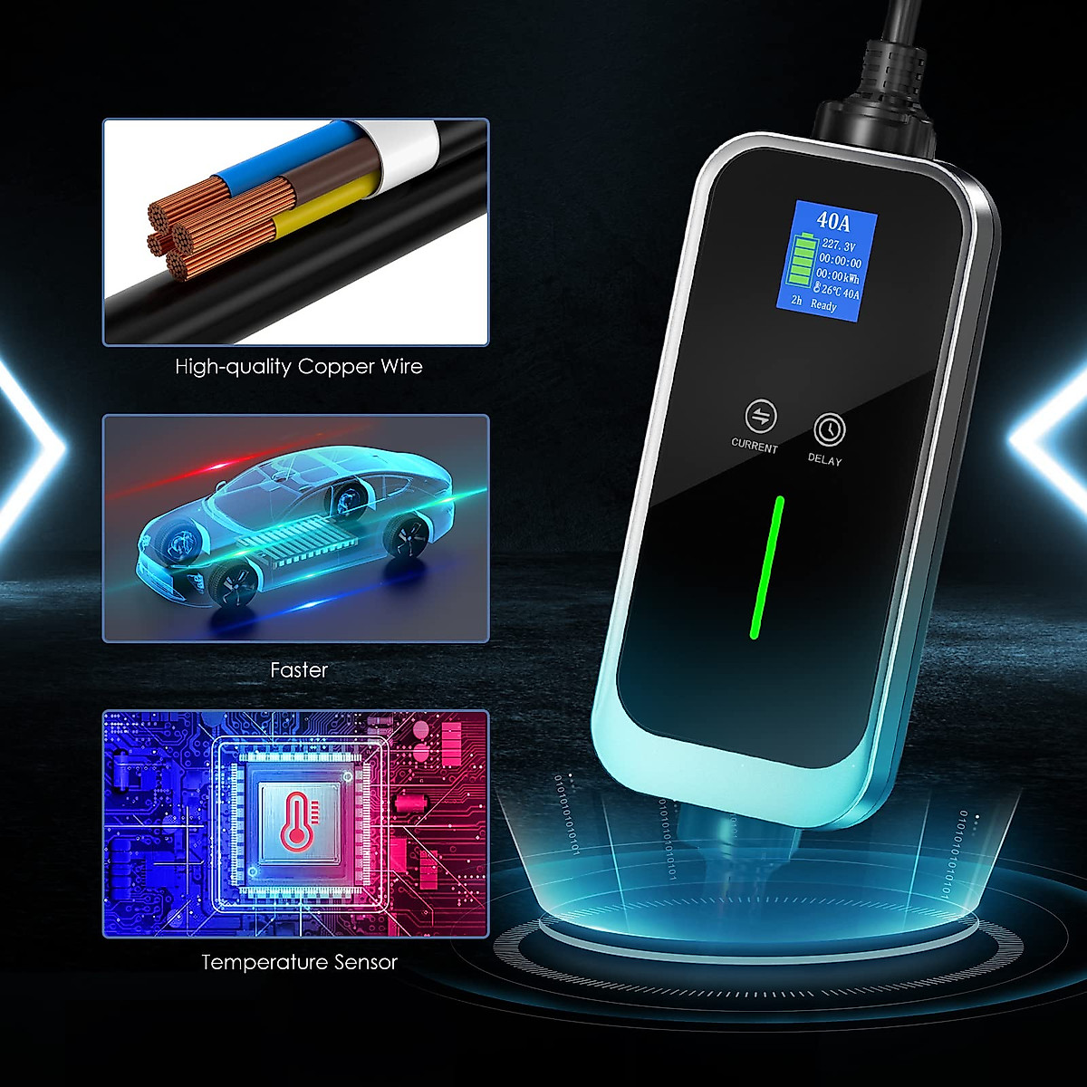 Evjuicion Level 2 EV Charger, 40Amp 240V Portable Electric Vehicle Charger 25Ft Cable NEMA 14-50 Plug for J1772 Electric Car Home Charging Station, Delay Timer