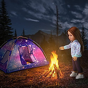 Ecore Fun 5 Items 18 inch Dolls Camping Tent Set and Accessories Including Girl Doll Tent, Sleeping Bag, Backpack, Toy Camera and Dog