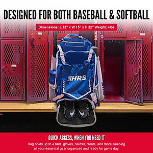 Hit Run Steal Blue Softball Baseball Bag - Holds 4 Bats, Glove, Water Bottle, Shoe Compartment, Helmet, Fence Hook for Equipment & Gear