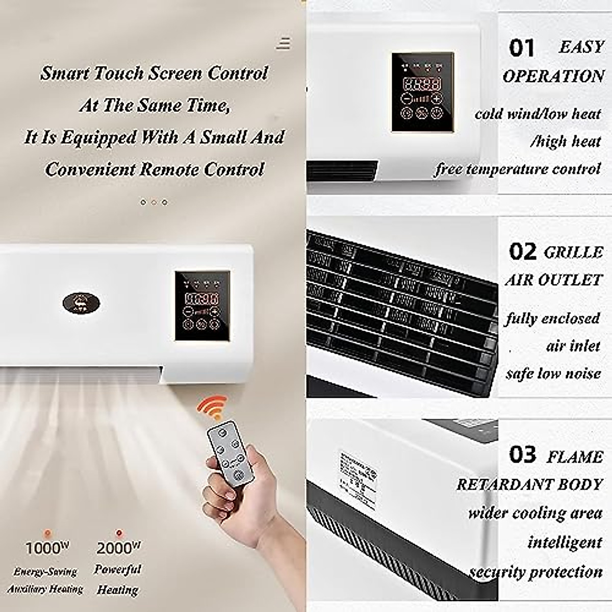 Small Air Conditioner Remote Control,2000W Wall Mounted Conditioner Mini,Cooling & Heating Conditioner with Conditioning Hot Fan,Portable Wall Mounted Ac & Heater Combo for Home Bedroom Office/22