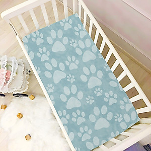Doggy Paw Print Baby Crib Sheets Soft Toddler Bed Sheets Breathable Mattress Cover Toddler Sheets for Boys Girls Nursery Stroller Crib Mattress, 52 * 28 * 9in