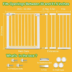 Baby Gates for Doorways and Stairs Adjustable 30-51.5 inches Walk Through Baby Gate with Door,Dog Gates for The House Indoor Safety Gates for Kids or Pets Pressure Mounted Extra Wide Metal Auto Close