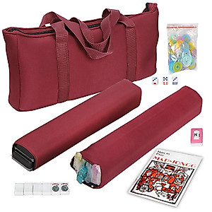 HNDTEK American Mahjong Set - Red Burgundy Soft Bag - 166 White Engraved Tiles, 4 All-in-One Rack/Pushers Western Mah Jongg Game Set