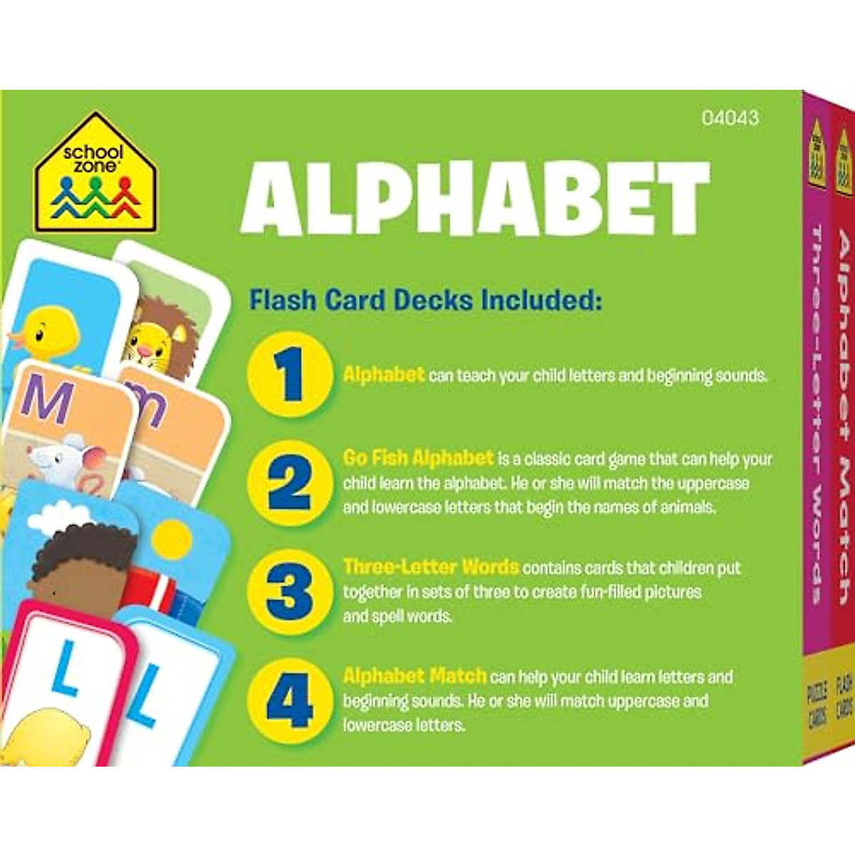 School Zone - Alphabet 4-Pack Flash Cards - Ages 3+, Preschool, Kindergarten, Go Fish Alphabet, Three-Letter Words, Alphabet Match, Lowercase & Uppercase Letters, Letter-Picture Recognition, and More