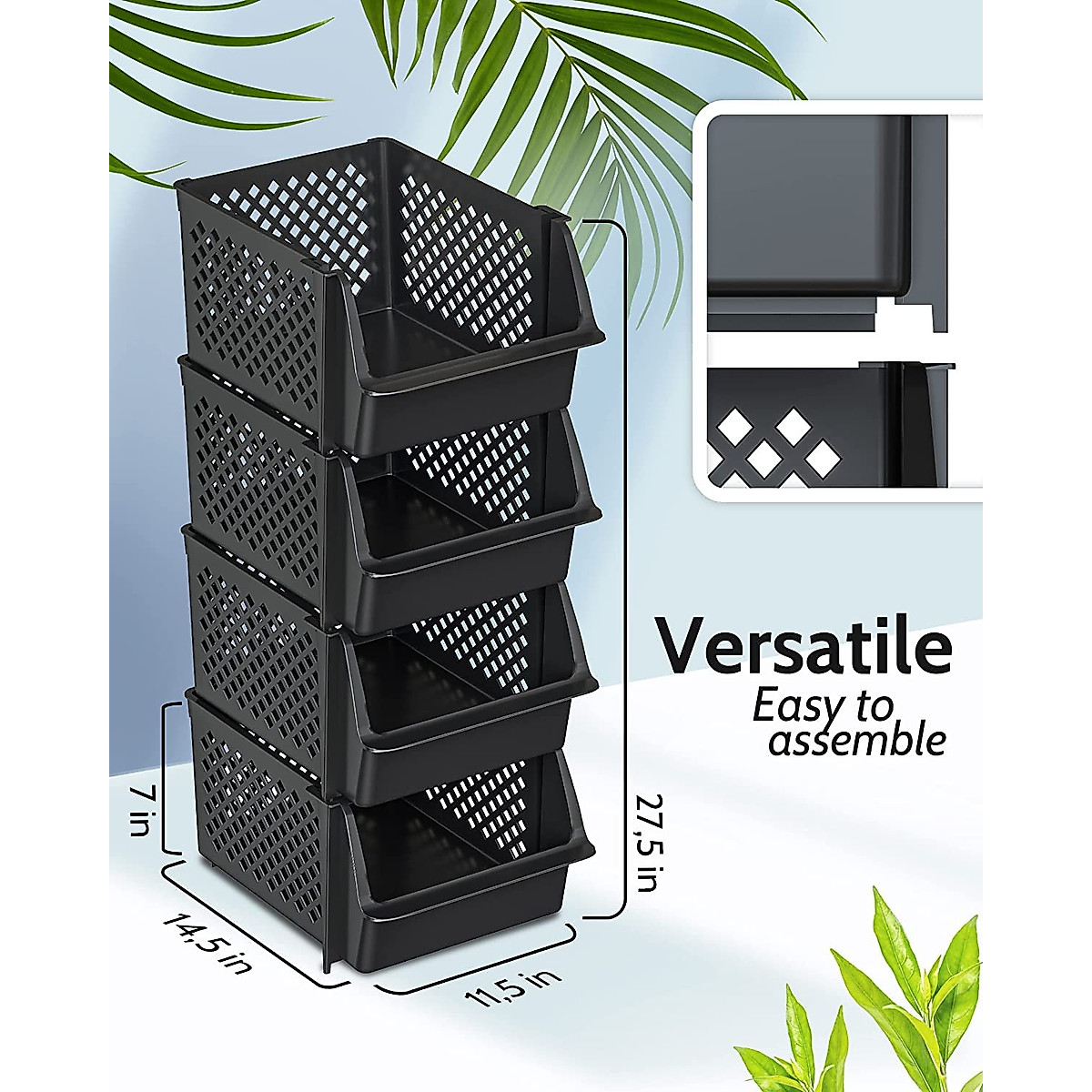 Skywin Plastic Stackable Storage Bins for Pantry - Stackable Bins For Organizing Food, Kitchen, and Bathroom Essentials (Black - 8 Pack)