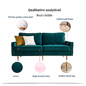 Danxee Velvet Fabric Sofa Couch 71" Wide Mid Century Modern Tufted Fabric Sofa Living Room Sofa 700lb Heavy Duty with 2 Pillows (Emerald)