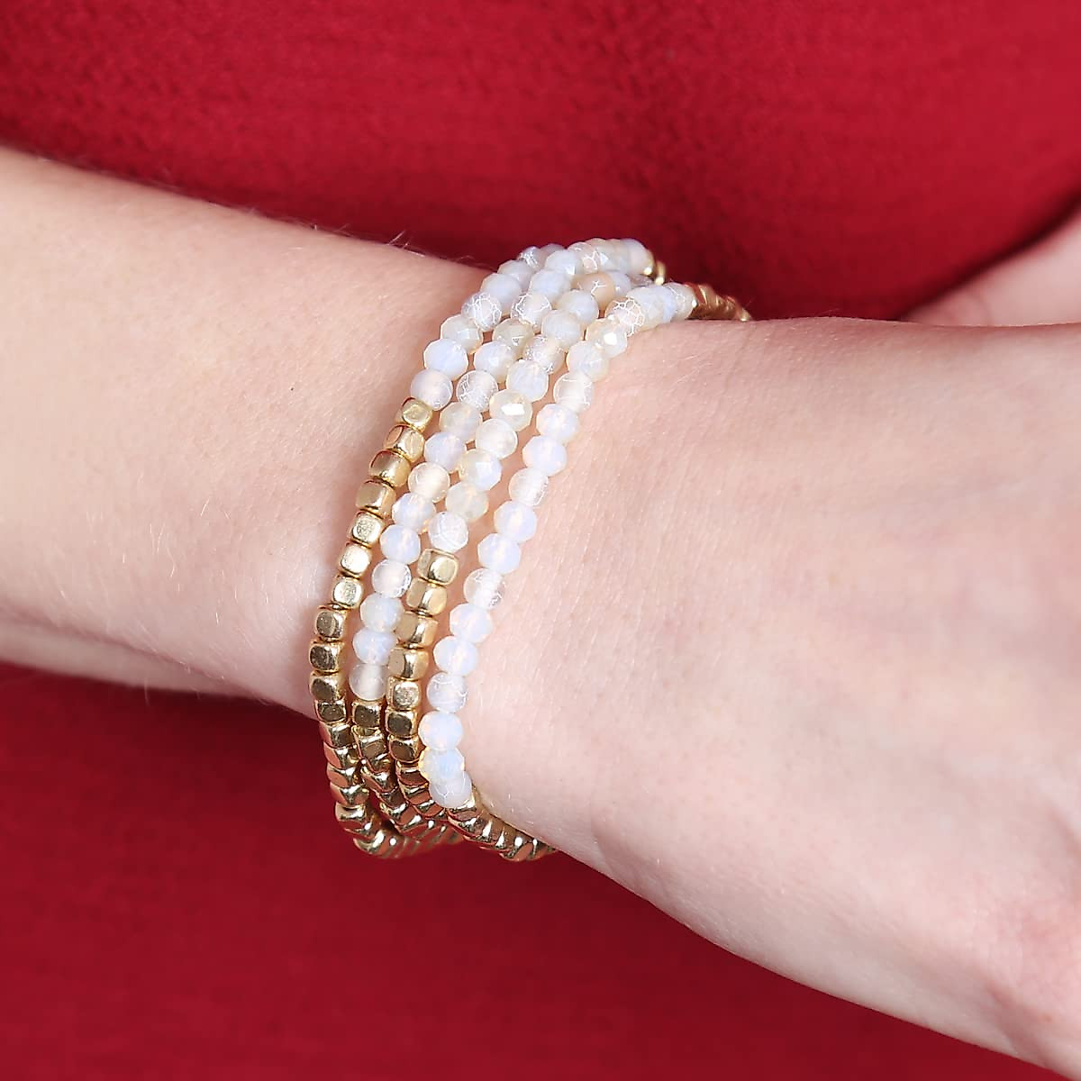 RIAH FASHION Delicate Boho Beaded Multi Layer Versatile Bracelets - Stackable Stretch Bangles Sparkly Crystal, Natural Stone (Delicate Natural Stone & Gold Mix)