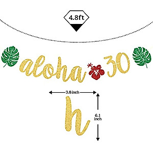 Aloha 30 Banner, Aloha Party Decorations, Hawaiian 30th Birthday Banner for Tropical Luau Birthday Party Decorations, Palm Leaf Decorations Gold Green Glitter