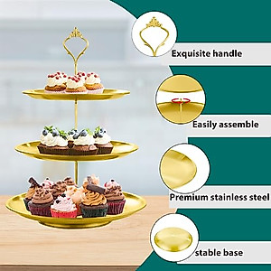 BZVlemon 3 Tier Stainless Steel Cupcake Stand, Gold Metal Serving Tray Cake Holder Cake Stand for Holiday Dessert Table Decorations Birthday Baby Shower Party Wedding (3tier-B)