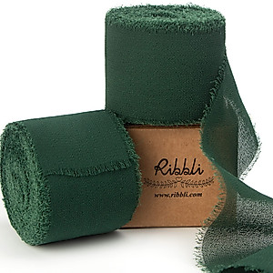 Ribbli Forest Green Chiffon Ribbon 1-1/2 inch x 20 Yard Handmade Fringe Chiffon Silk Ribbon,Black Ribbon for Wedding Invitations, Bridal Bouquets Wrapping, Flower Arrangement Decoration