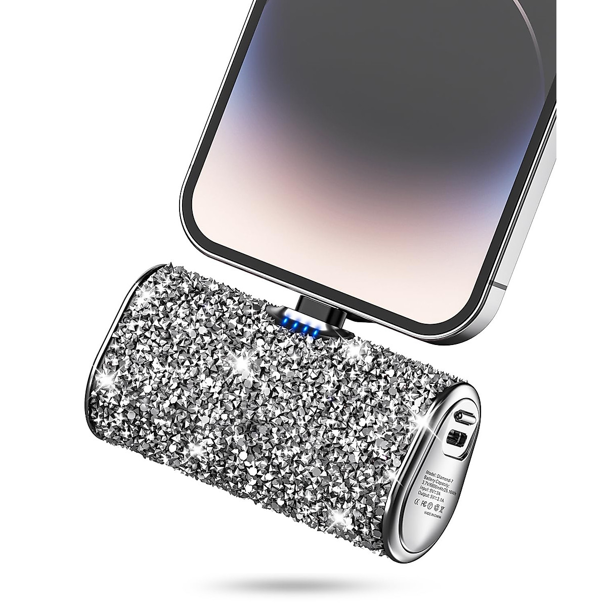 Bling Small Portable Charger, Power Bank, 6800mAh Ultra Compact Cute Shining Battery Pack 5V3.1A Fast Charger Built-in iOS Connector and Flashlight for iPhone 14 Series to iPhone 5 Series(Silver)