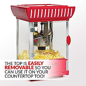 Nostalgia Popcorn Maker Cart, 2.5 Oz Kettle Makes 10 Cups, Retro Classic Popcorn Machine with Interior Light, Measuring Spoons and Scoop, White and Red