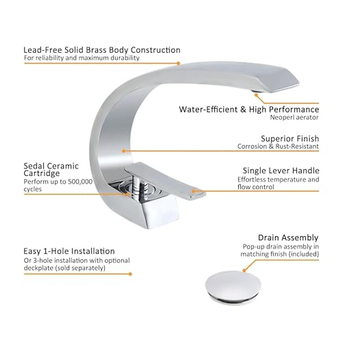 Homary 1-Handle Bathroom Sink Faucet with Pop Up Drain One Hole Deck Mount Curved Lavatory Faucet Mixer Tap, Solid Brass Chrome