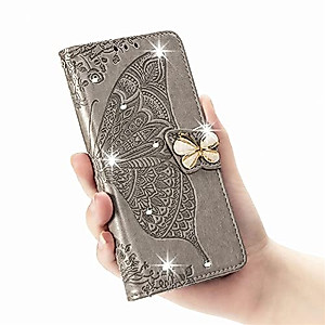ONV Wallet Case for OnePlus N20-1.5M Adjustable Strap Emboss Butterfly Flip Phone Case Card Slot Magnet Leather Shell Flip Stand Cover for OnePlus N20 [ZS] -Grey