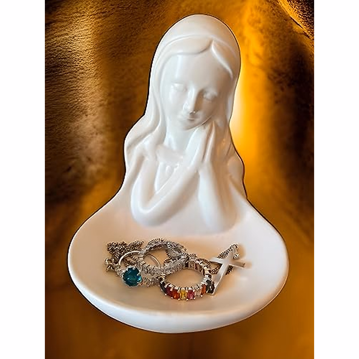 Top Brass Porcelain Rosary/Jewelry Holder - Blessed Virgin Mary/Lady of Grace Angelic Madonna Prayer Bead Necklace Tray Decor
