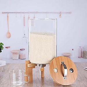 LOVEJO Rice Dispenser Airtight Glass Container with Bamboo Lid, Large Food Storage with Lids for Rice Grains Beans, Sugar Flour Container 20 lbs, Kitchen Countertop Cereal Cup Organizer 5L