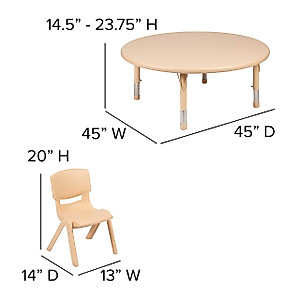 EMMA + OLIVER 45" Round Natural Plastic Height Adjustable Activity Table Set with 2 Chairs