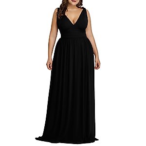 Ever-Pretty Women's Plus Size V-Neck Pleated Chiffon Maxi Semi-Formal Dress Bridesmaid Dresses Black US18