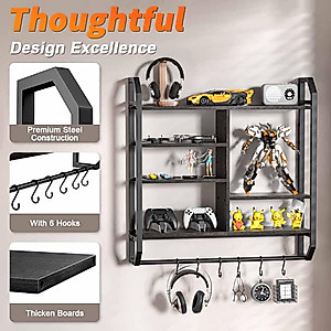 Nidouillet Gaming Floating Shelves, Large LED Wall Mounted Display Shelf, Adjustable Hanging Pipe Shelf Bookshelf with Lights 6 Hooks for Game Living Room Bedroom Coffee Bar Kitchen Decor Black