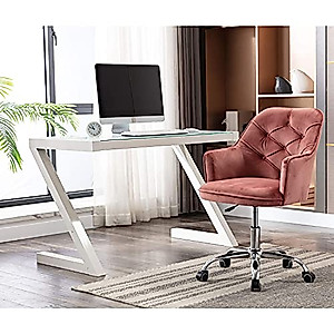 Henf Velvet Home Office Chair on Wheels, 360° Swivel Chair Desk Chairs Vanity Chair Modern Tufted Chair with Armrest, Height Adjustable Comfortable Upholstered Office Chair Task Chair (Warm Pink)