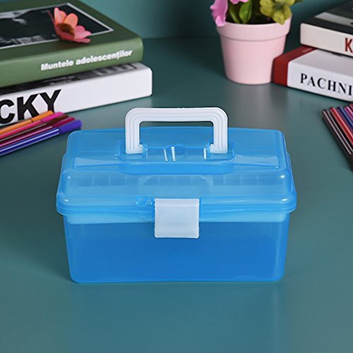 mewmewcat art box with handle,Clear Plastic Art Storage Box Watercolor Oil Painting Supplies Multipurpose Case Portable for Artists, Blue