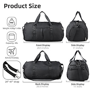 DAYGOS Gym Bag for Men, 40L Waterproof Sports Duffle Bags with Shoe & Wet Compartment, Small Carry On Travel Tote Bags with Trolley Sleeve for Personal Item, Fitness & Workout Gear, Black
